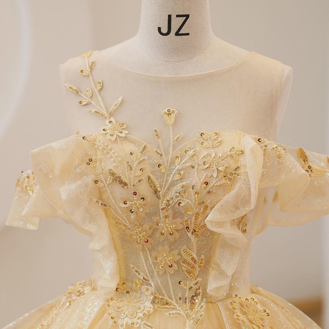 Yellow Embroidered Fluffy Dress, Floral Lace Shiny Graduation Dress ...