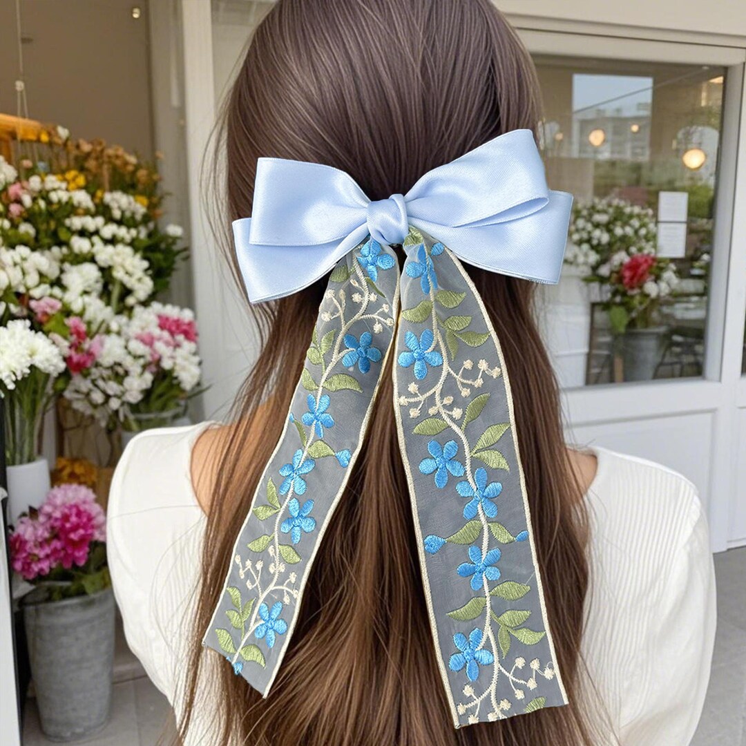 Tulle Flowers Bow, Embroidered Flowers Hair Bow for Bridal Shower ...