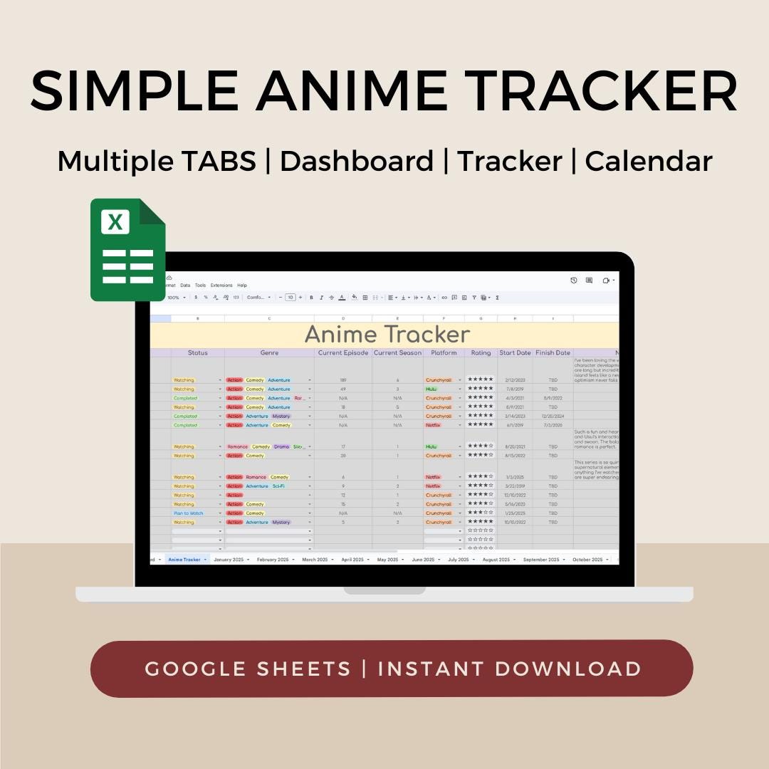 Simple Google Sheets Anime Tracker Template | Track Episodes, Ratings ...
