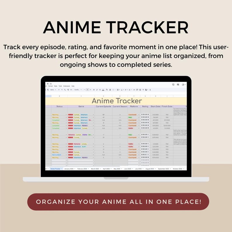 Simple Google Sheets Anime Tracker Template | Track Episodes, Ratings ...
