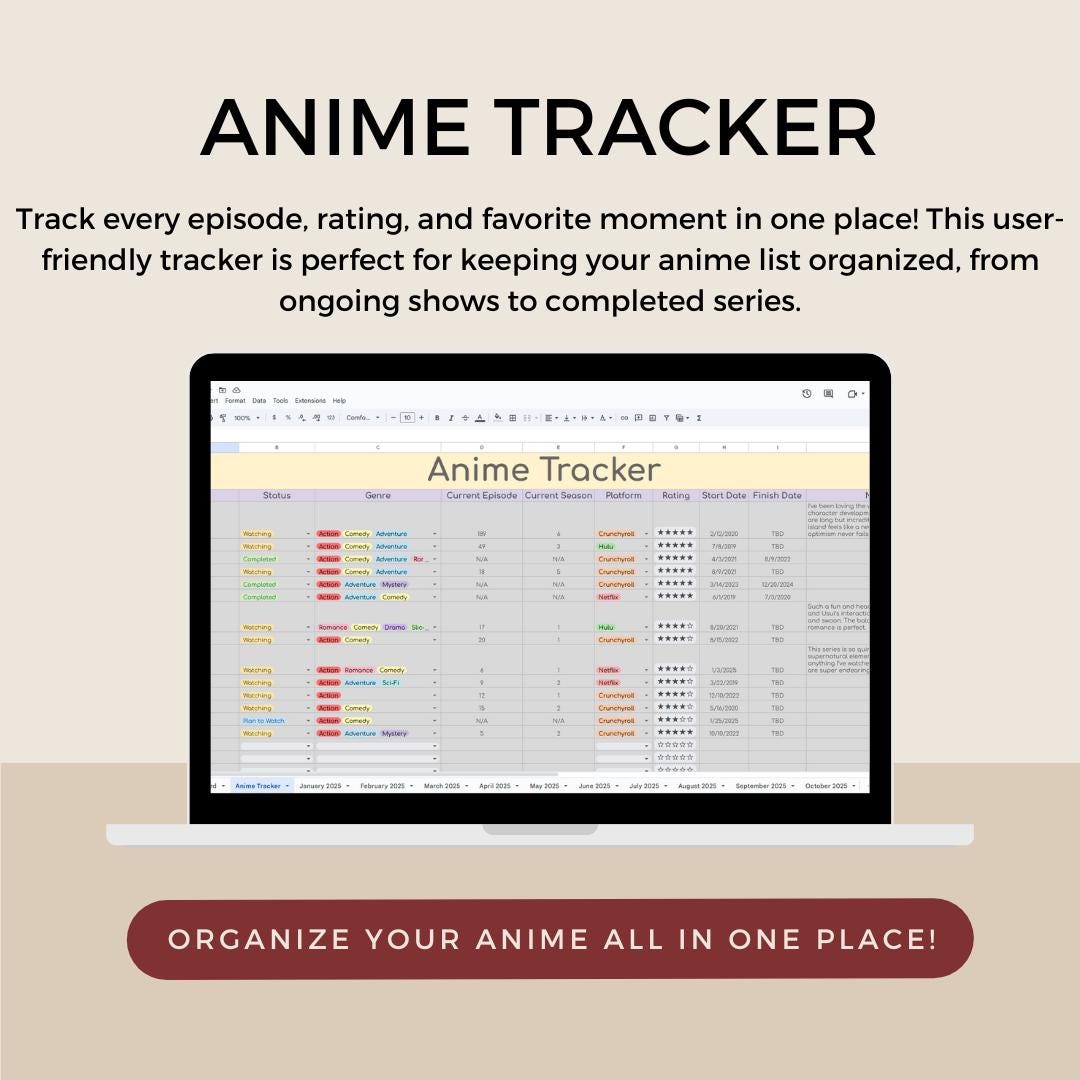 Simple Google Sheets Anime Tracker Template | Track Episodes, Ratings ...