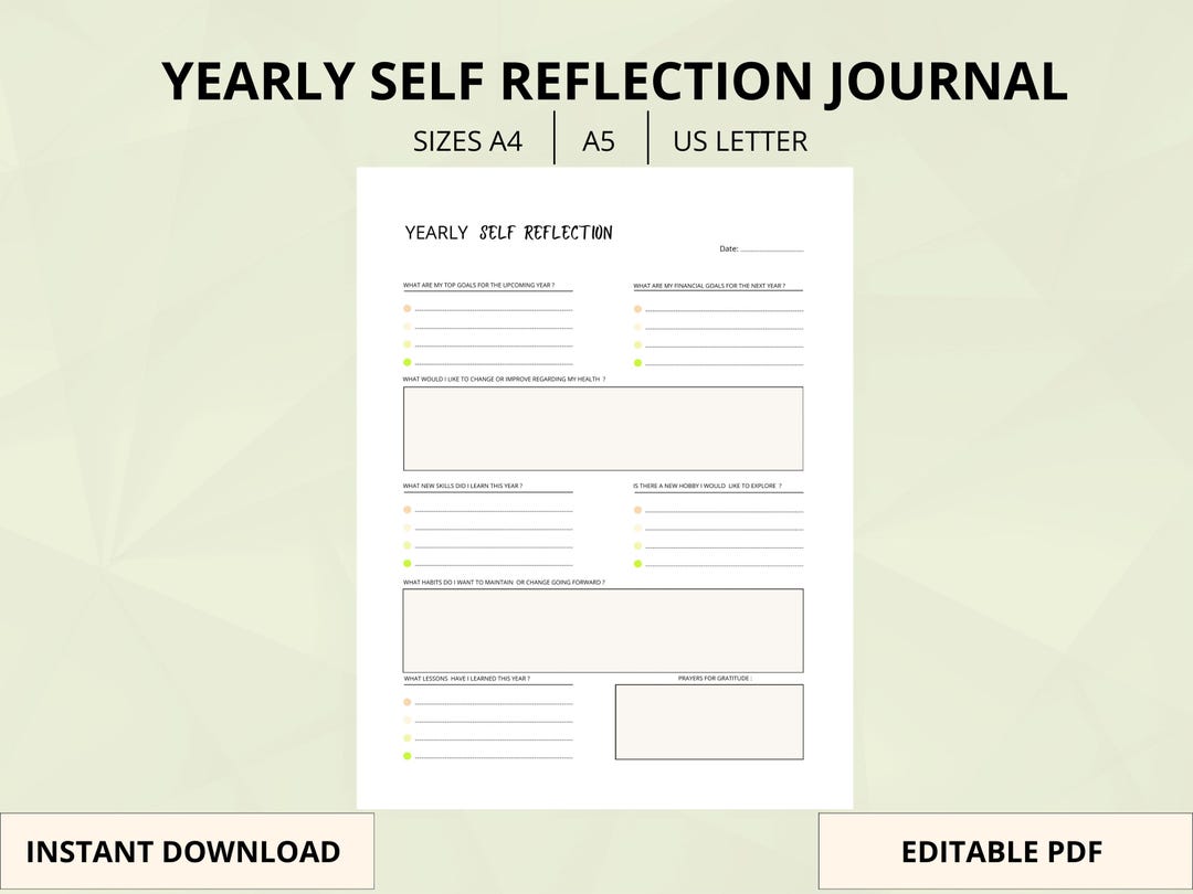 Yearly Reflection Journal Printable, Self Growth Planner, Review ...