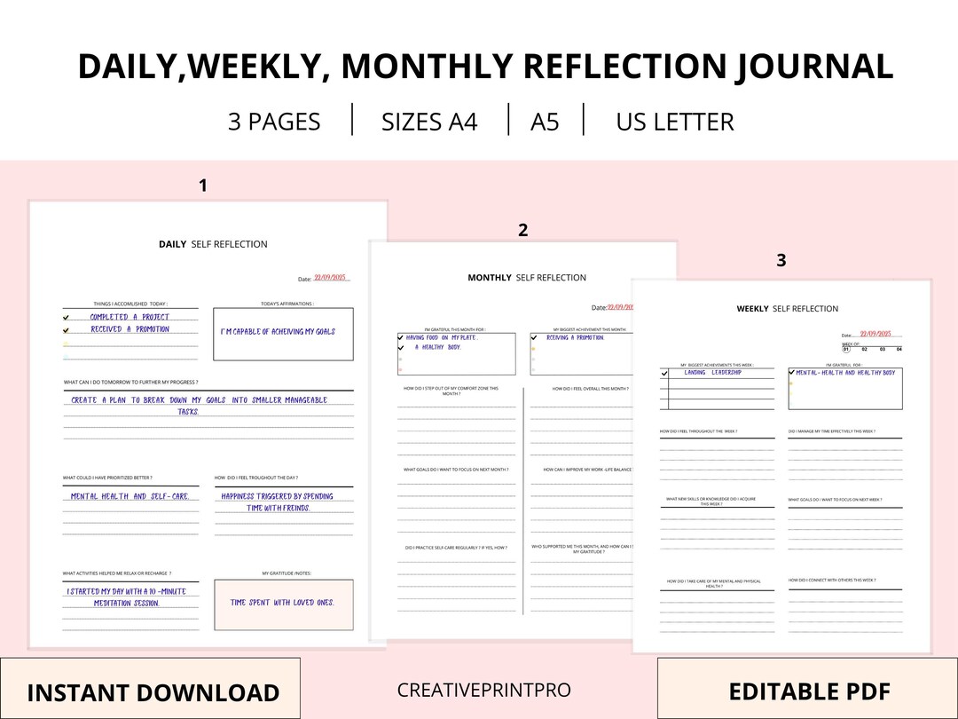 Weekly Review Form, Daily Reflection , Self Care Journal, Personal ...