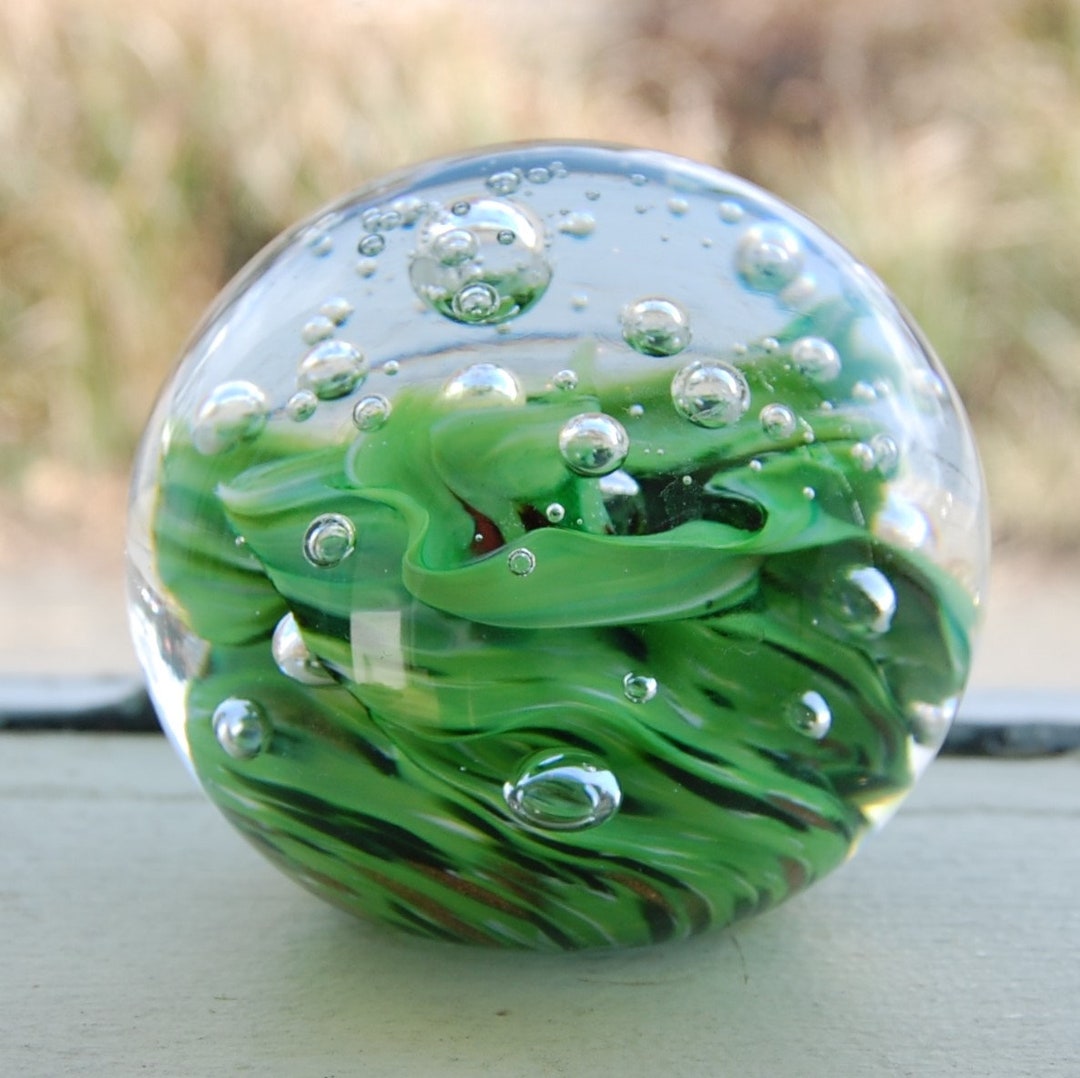 Glass Paperweight in Green and Gold With Bubbles - Etsy