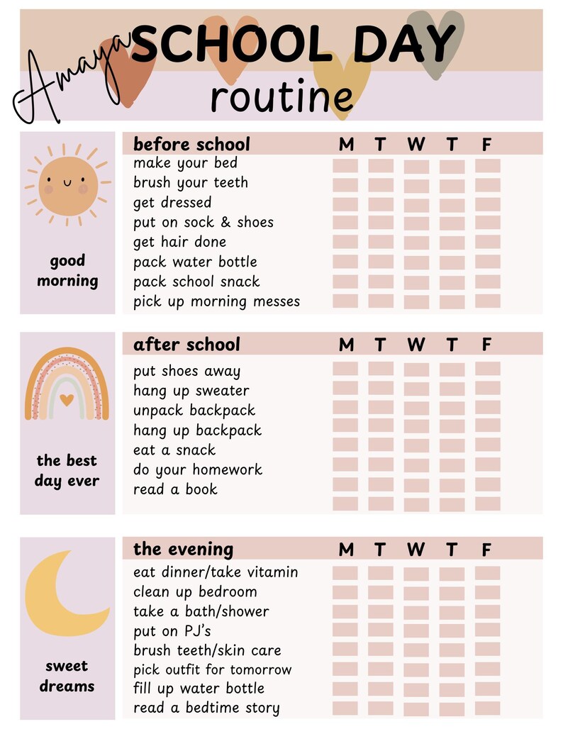 Editable Girls School Day Routine Chart | Canva Template | Printable ...