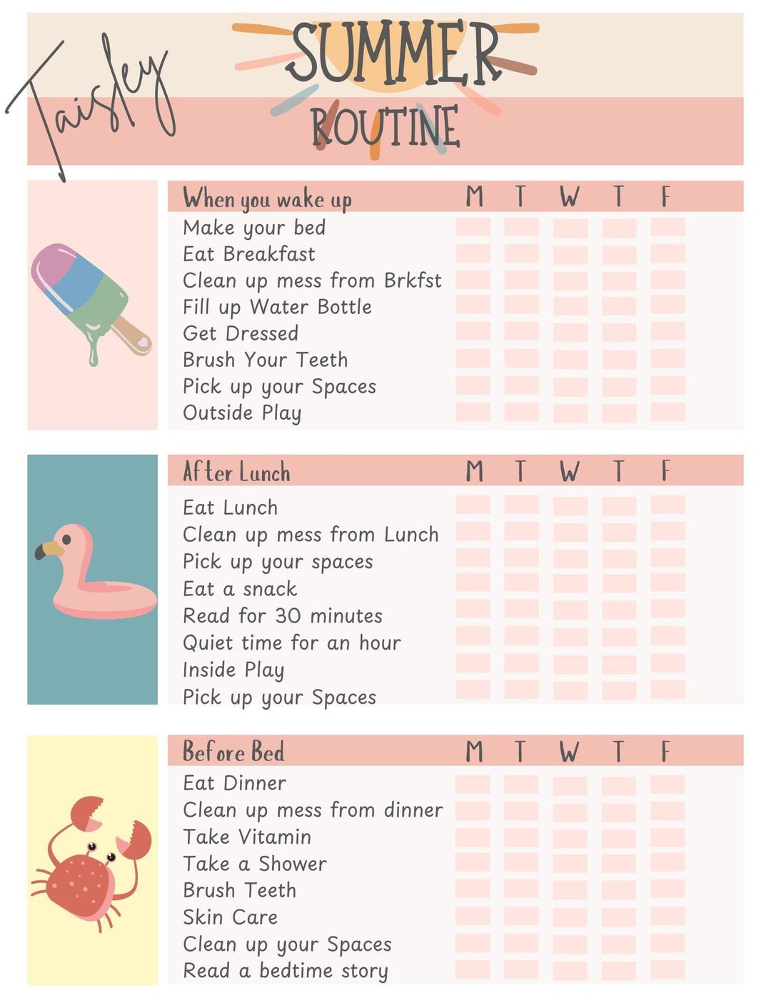 Editable Girls Summer Routine Chart | Canva Template for Kids | Daily ...