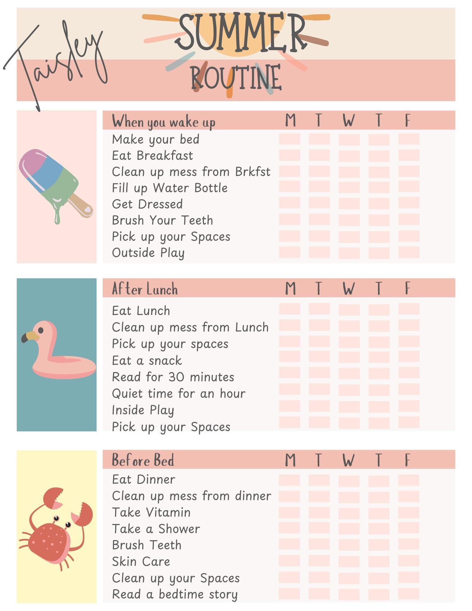 Editable Girls Summer Routine Chart | Canva Template for Kids | Daily ...