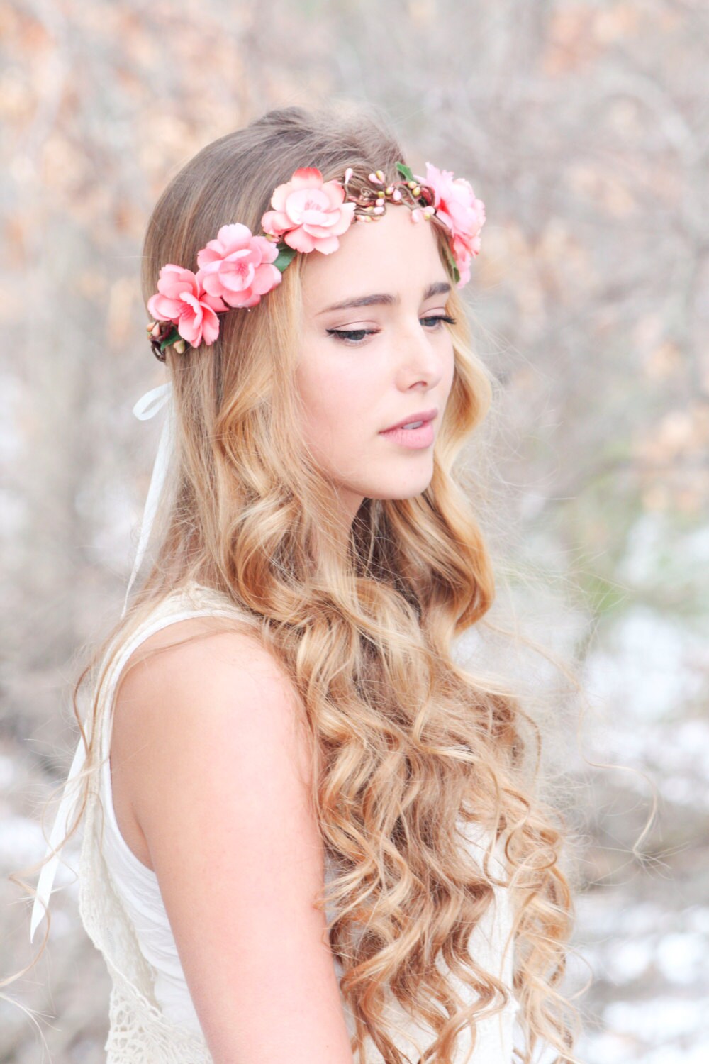 Peachy Floral Hair Crown, Woodland Flower Crown, Bridal Head Wreath ...