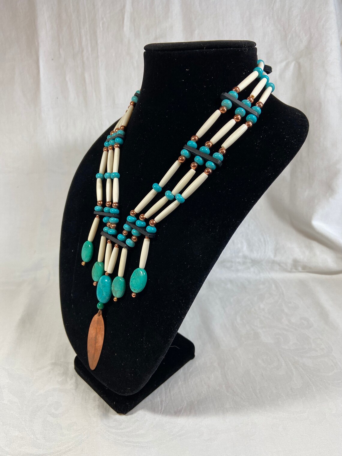 Buy Turquoise and Bone Hair Pipe Necklace Copper Feather Pendant Online ...