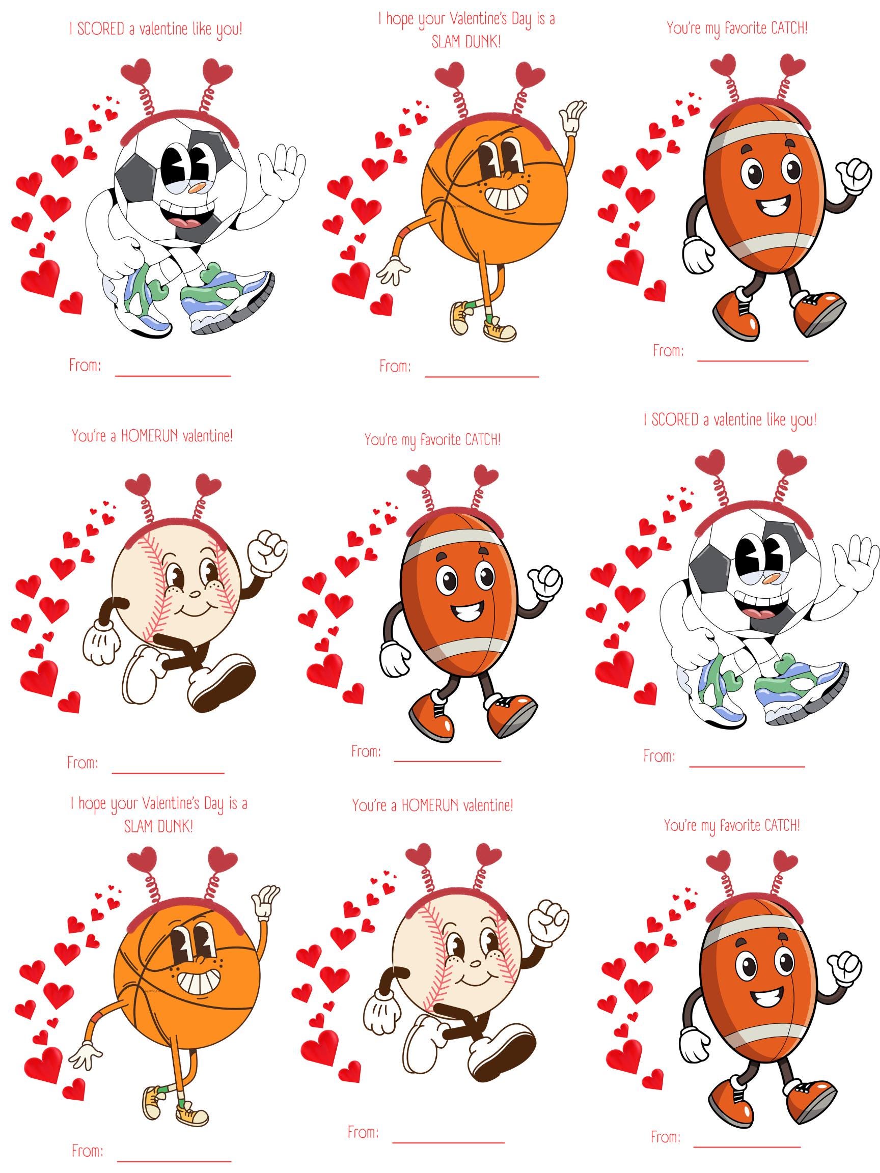 Sports Valentines Day Cards Basketball, Football, Soccer, Baseball - Etsy
