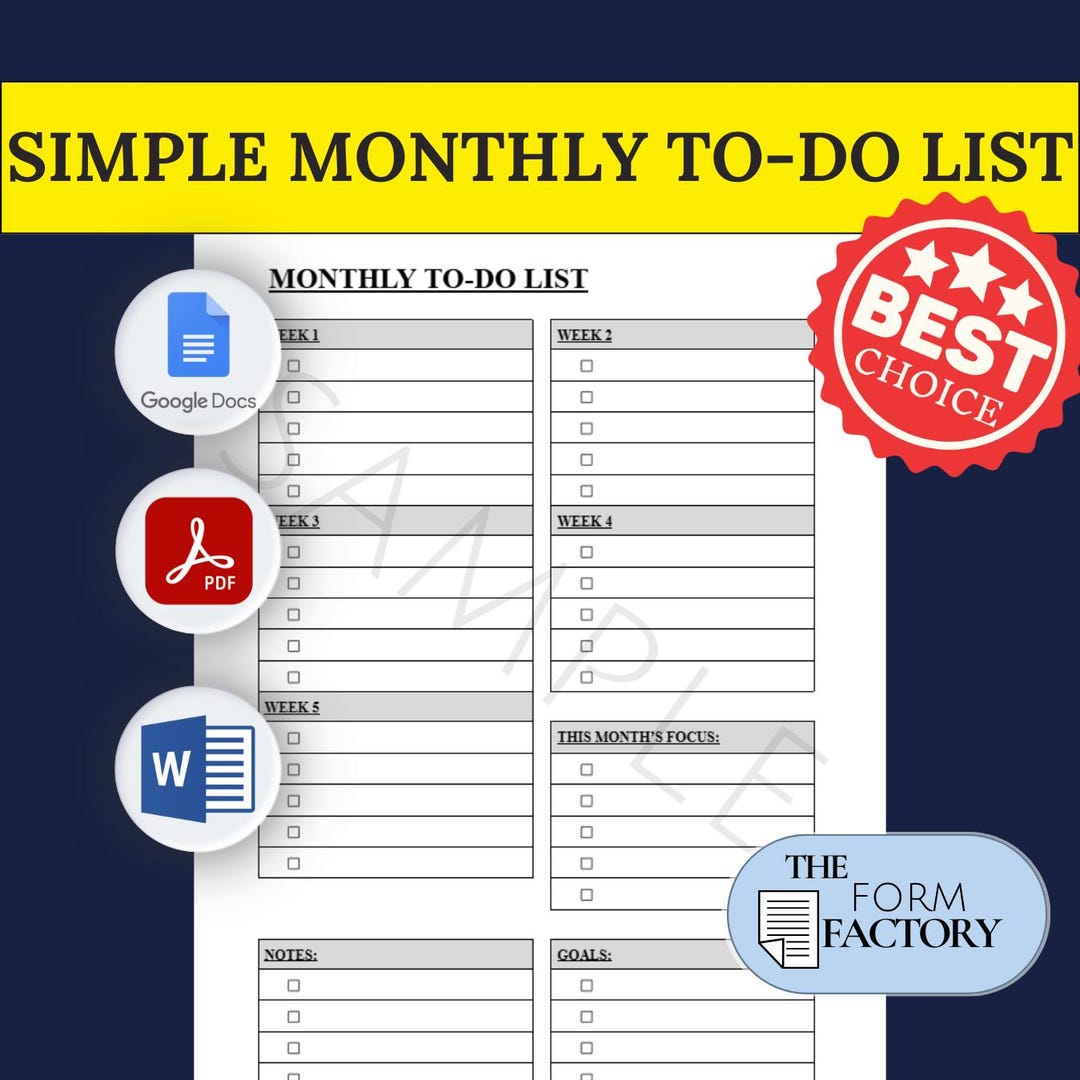 Simple Monthly to Do List PRINTABLE FILLABLE Form † Digital Template ...