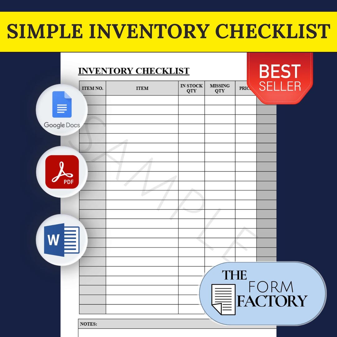 Simple Inventory Checklist PRINTABLE FILLABLE Form Digital Template pdf ...