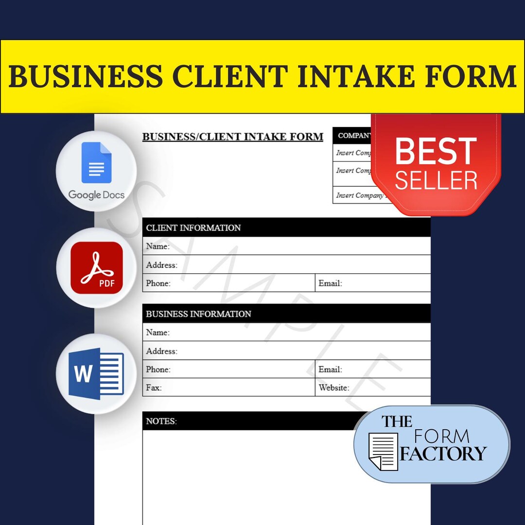 Business Client Intake Sheet PRINTABLE FILLABLE Form † Digital Template ...