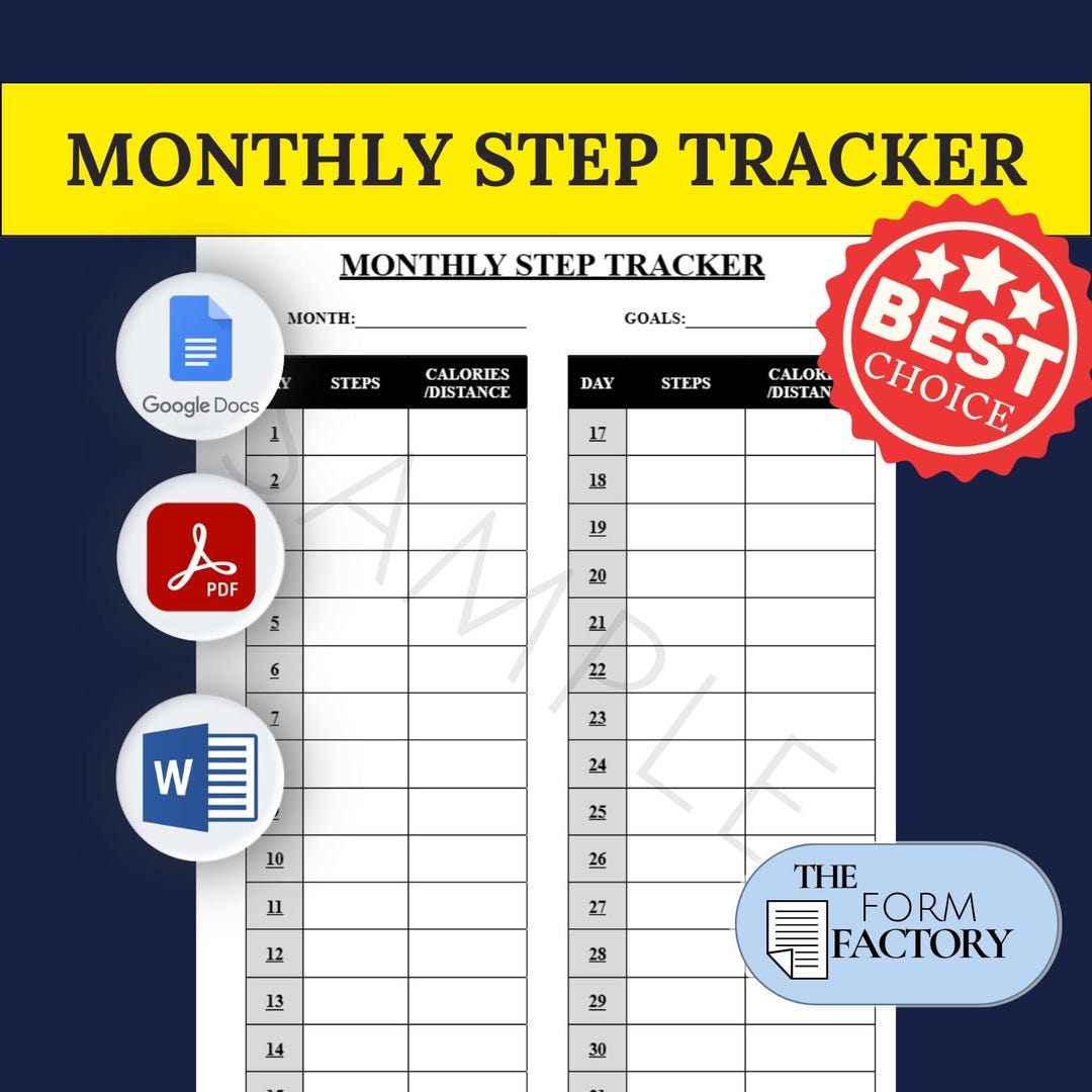 Monthly Step Tracker Log PRINTABLE FILLABLE Form † Digital Template ...