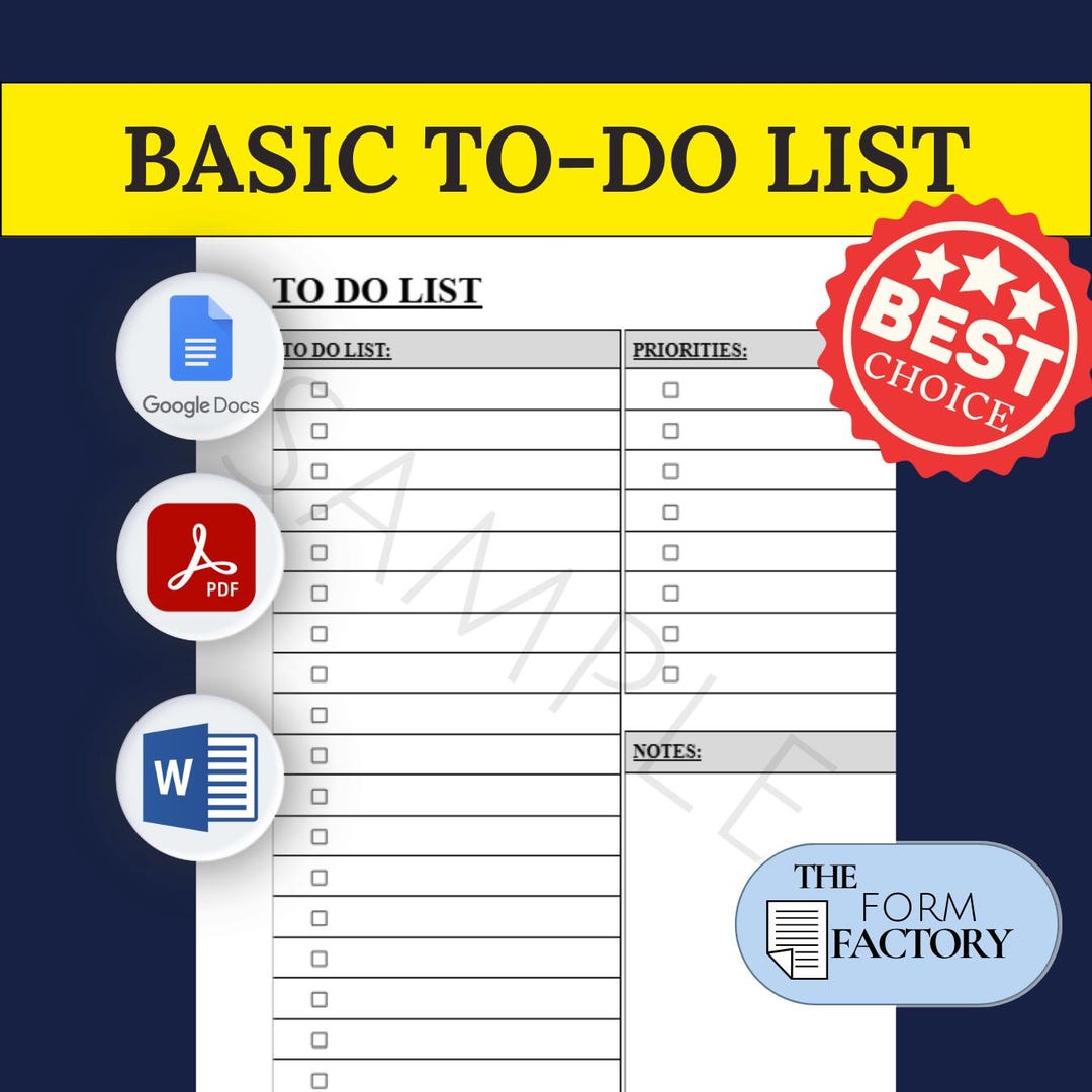 Basic to Do List Template PRINTABLE FILLABLE Form † Digital Template ...