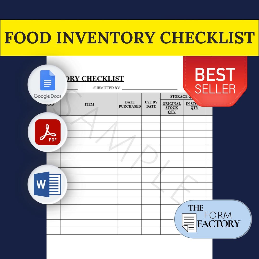 Food Inventory Checklist PRINTABLE FILLABLE Form † Digital Template ...