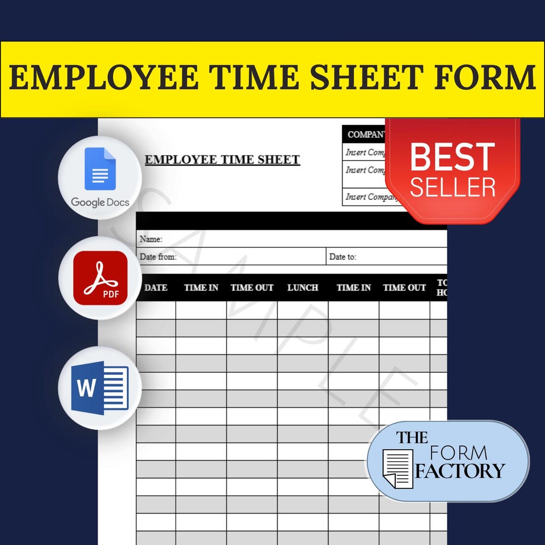 Employee Time Sheet Record Form PRINTABLE FILLABLE Form † Digital ...