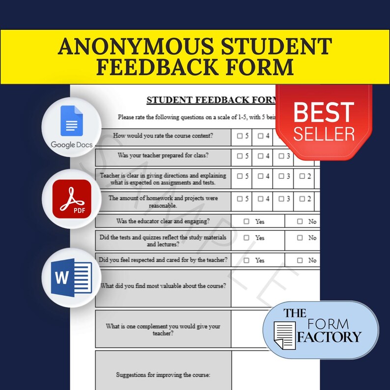 Anonymous Student Feedback PRINTABLE FILLABLE Form † Digital Template ...