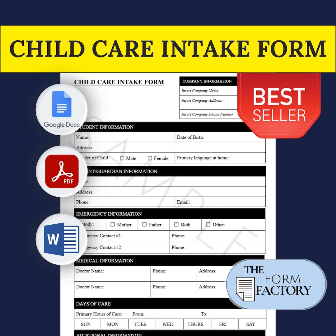 Child Care Intake Form PRINTABLE FILLABLE Form † Digital Template (pdf ...