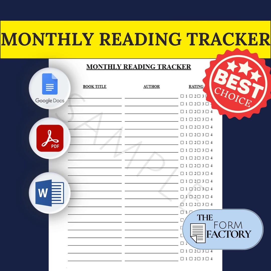 Monthly Reading Tracker PRINTABLE FILLABLE Form † Digital Template (pdf ...