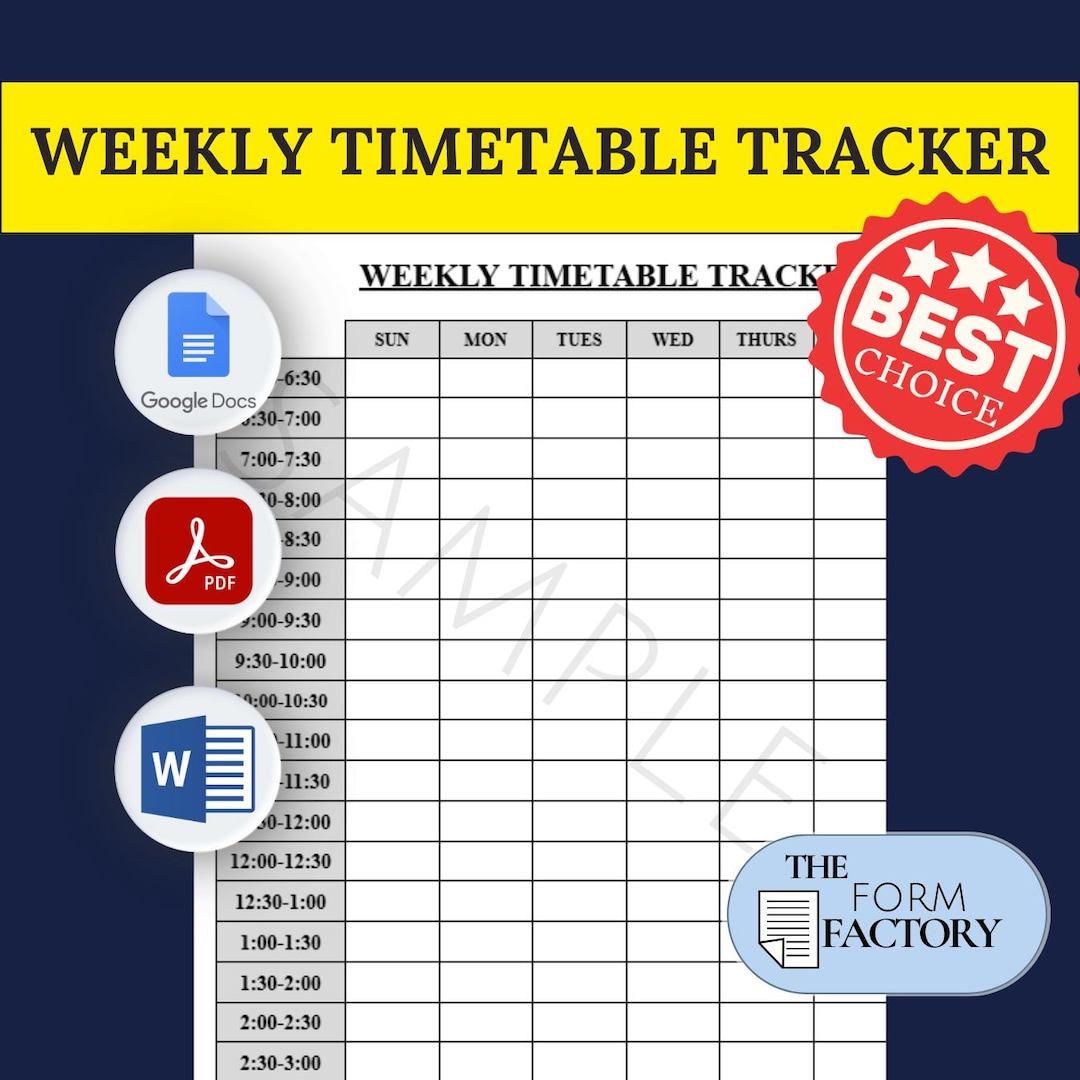 Weekly Timetable Tracker PRINTABLE FILLABLE Form † Digital Template ...