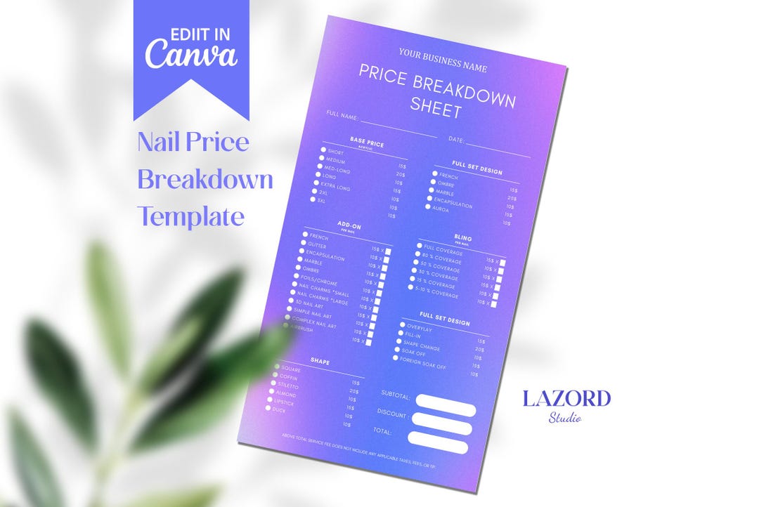 Editable Nail Price Breakdown Sheet, Canva Template (digital) - Etsy