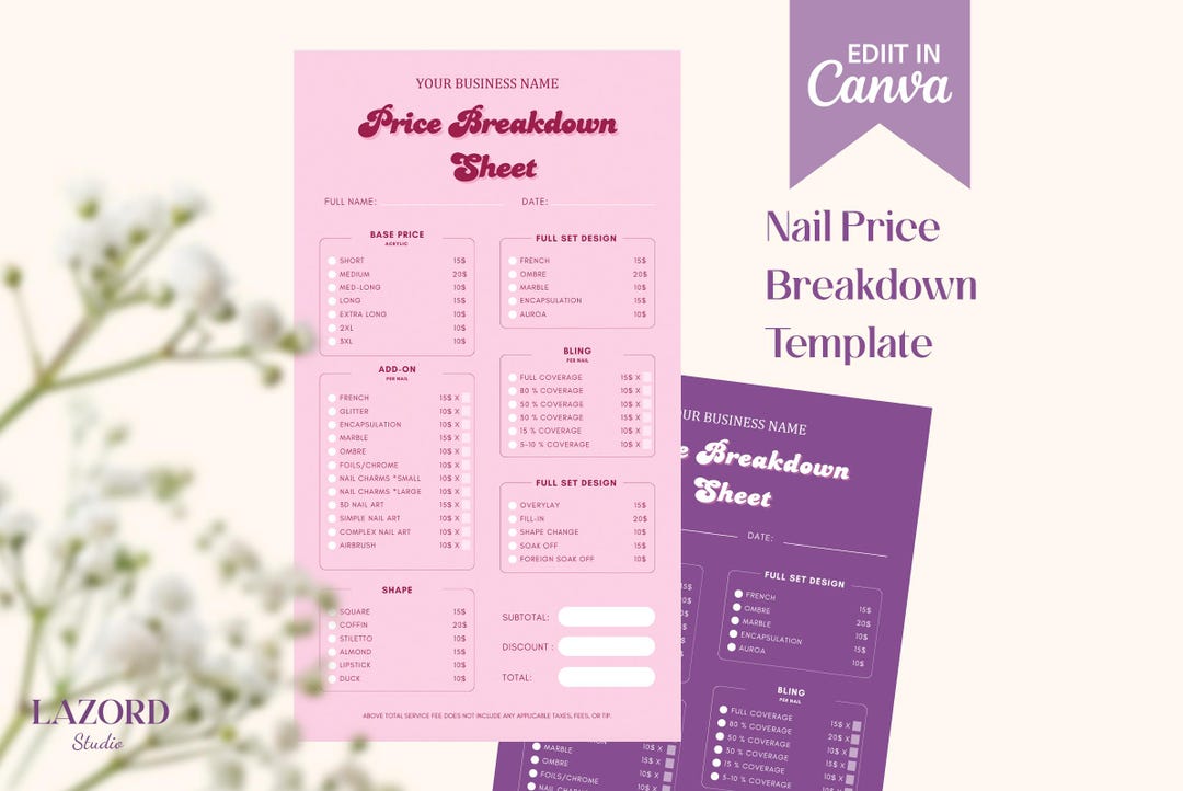 Nail Price Breakdown Sheet, Nail Price Breakdown Template, Nail Quote Sheet, Nail Tech, Nail ...