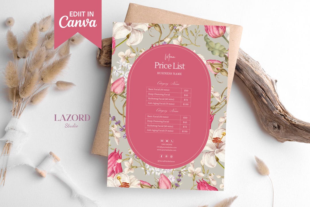 Flower Price List Template, Editable Price List, Vintage Template, Hair ...