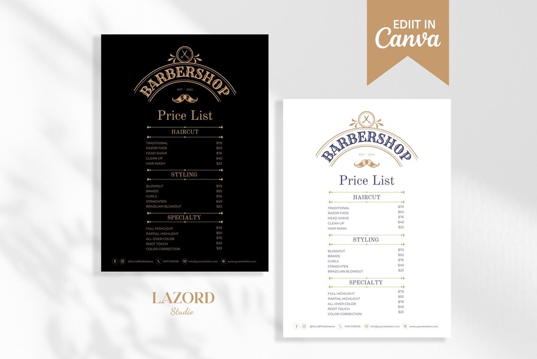 Barber Shop Price List Template, Printable Canva Design, Editable ...