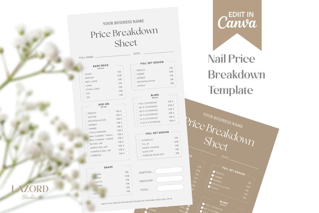 Nail Price Breakdown Sheet, Nail Price Breakdown Template, Nail Quote ...