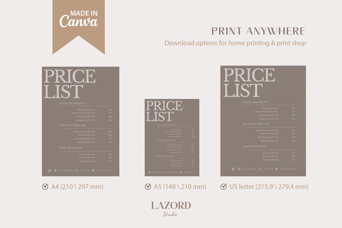 Salon Price List Template, Spa Service Menu (canva Editable, Digital ...