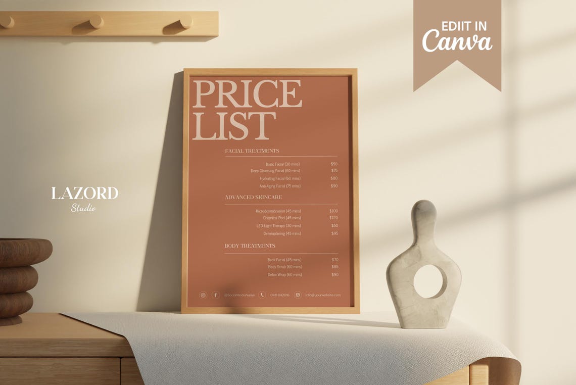 Salon Price List Template, Spa Service Menu (canva Editable, Digital ...