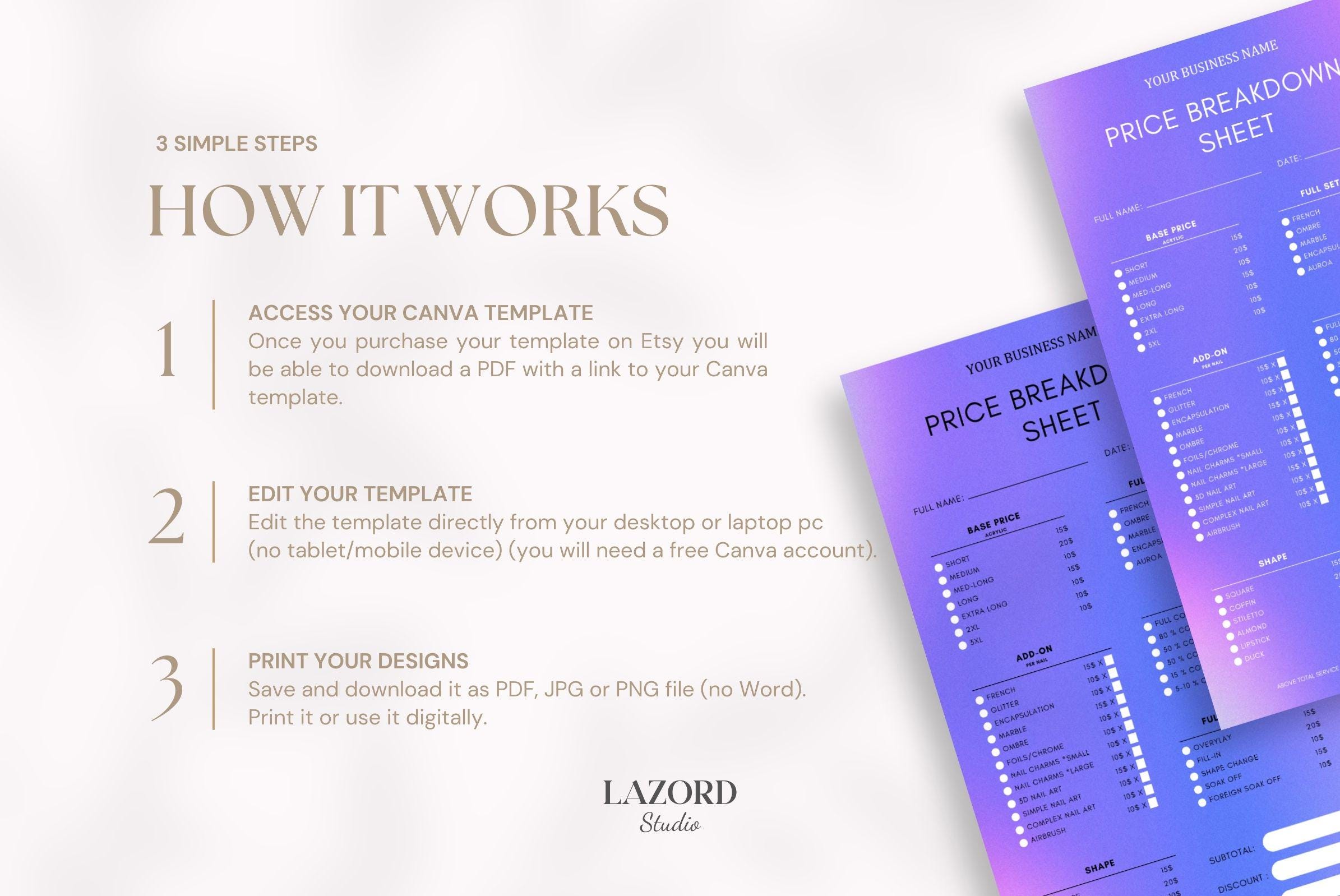 Editable Nail Price Breakdown Sheet, Canva Template (digital) - Etsy