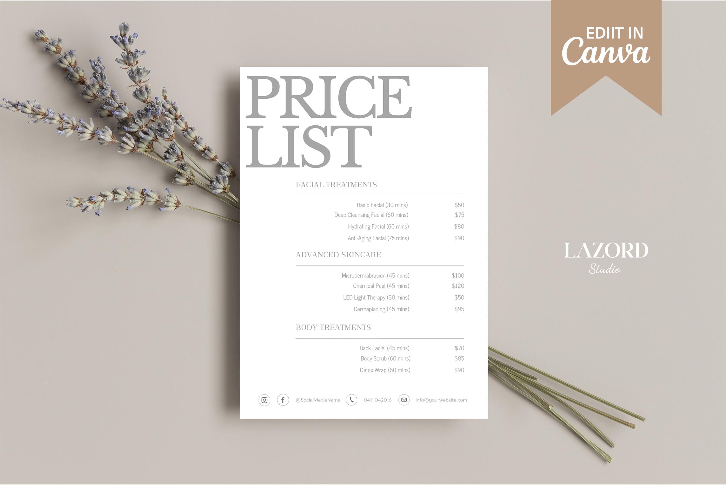 Salon Price List Template, Spa Service Menu (canva Editable, Digital ...