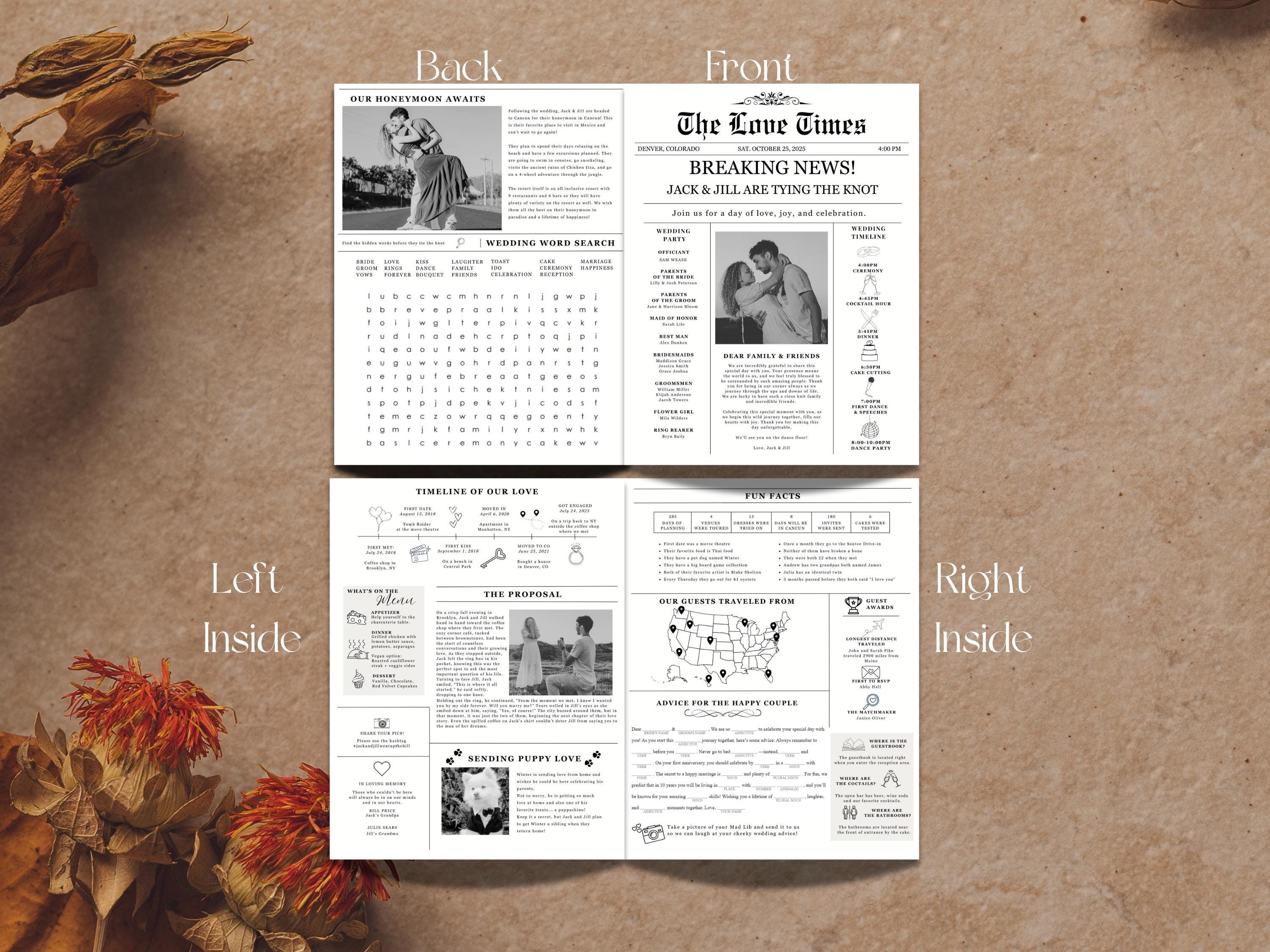 Newspaper Wedding Program Template: Folded, Mad Libs & Wordsearch ...