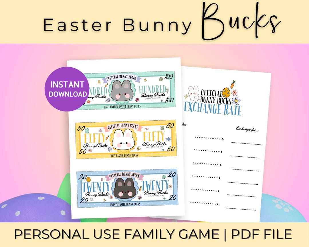 Easter Bunny Bucks Printable Play Money, Kids Reward Coupons, Egg Hunt ...