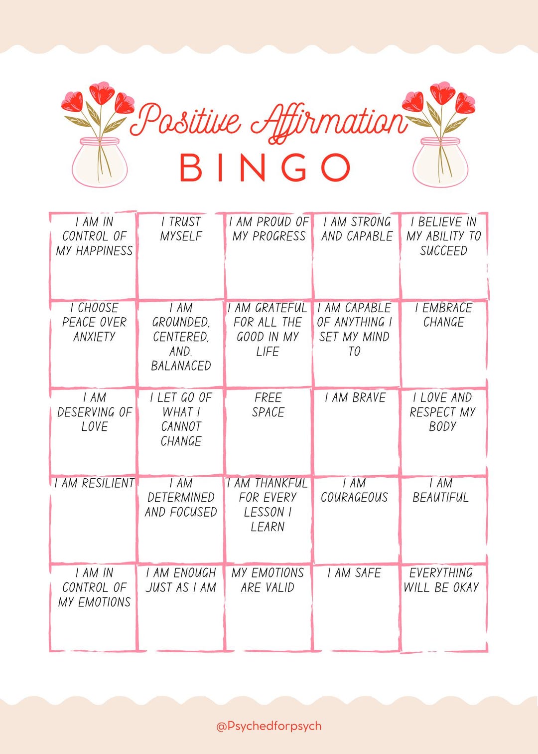 Positive Affirmation Bingo Cards - 10 Positive Affirmation, Positivity ...