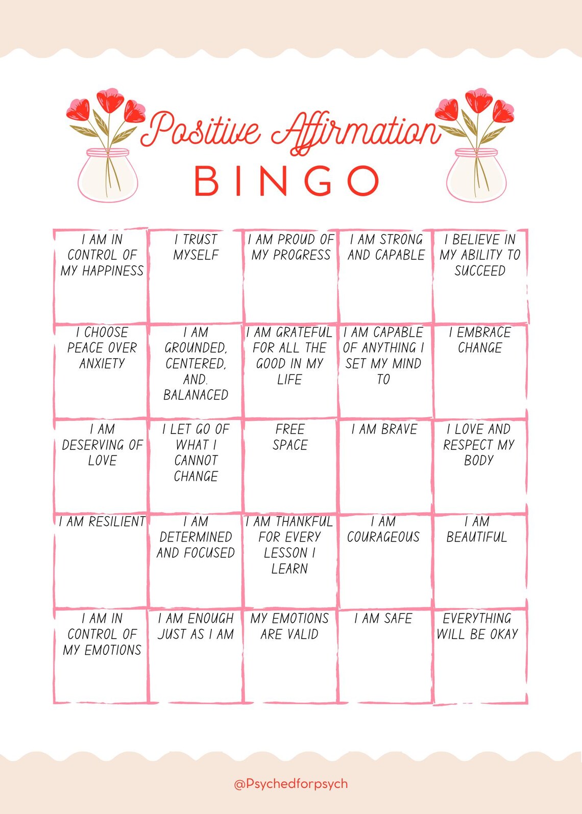 Positive Affirmation Bingo Cards - 10 Positive Affirmation, Positivity ...