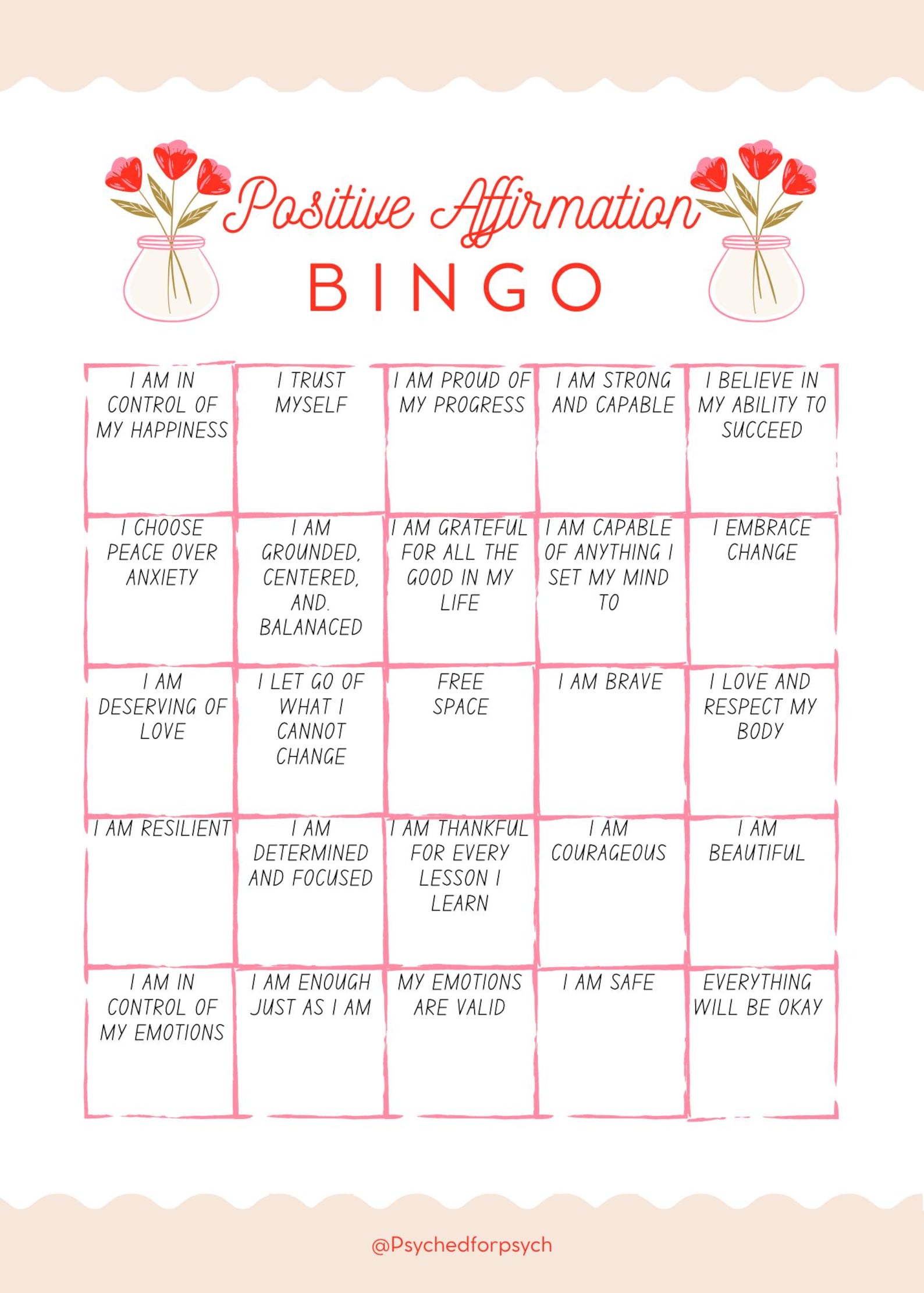 Positive Affirmation Bingo Cards - 10 Positive Affirmation, Positivity ...