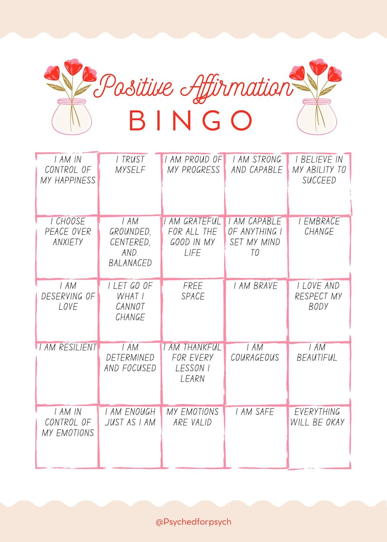 Positive Affirmation Bingo Cards - 10 Positive Affirmation, Positivity ...