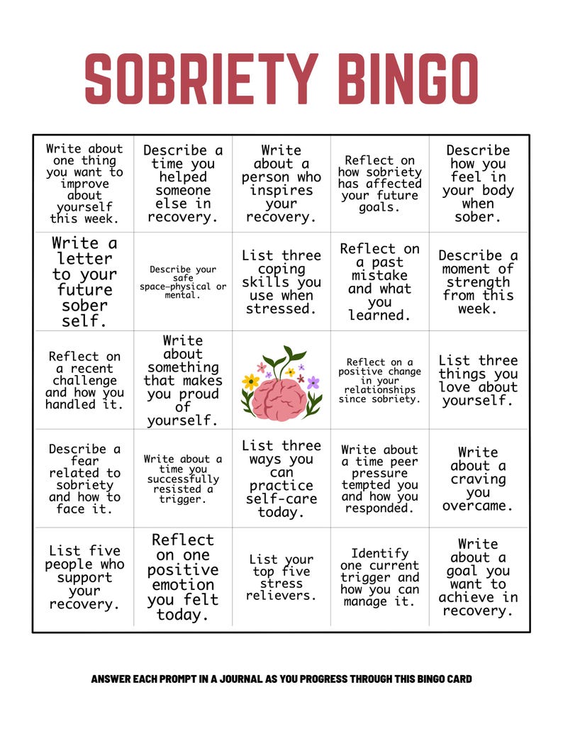 Sobriety Bingo - 12 Unique Bingo Cards W/ Journal Prompts - Etsy