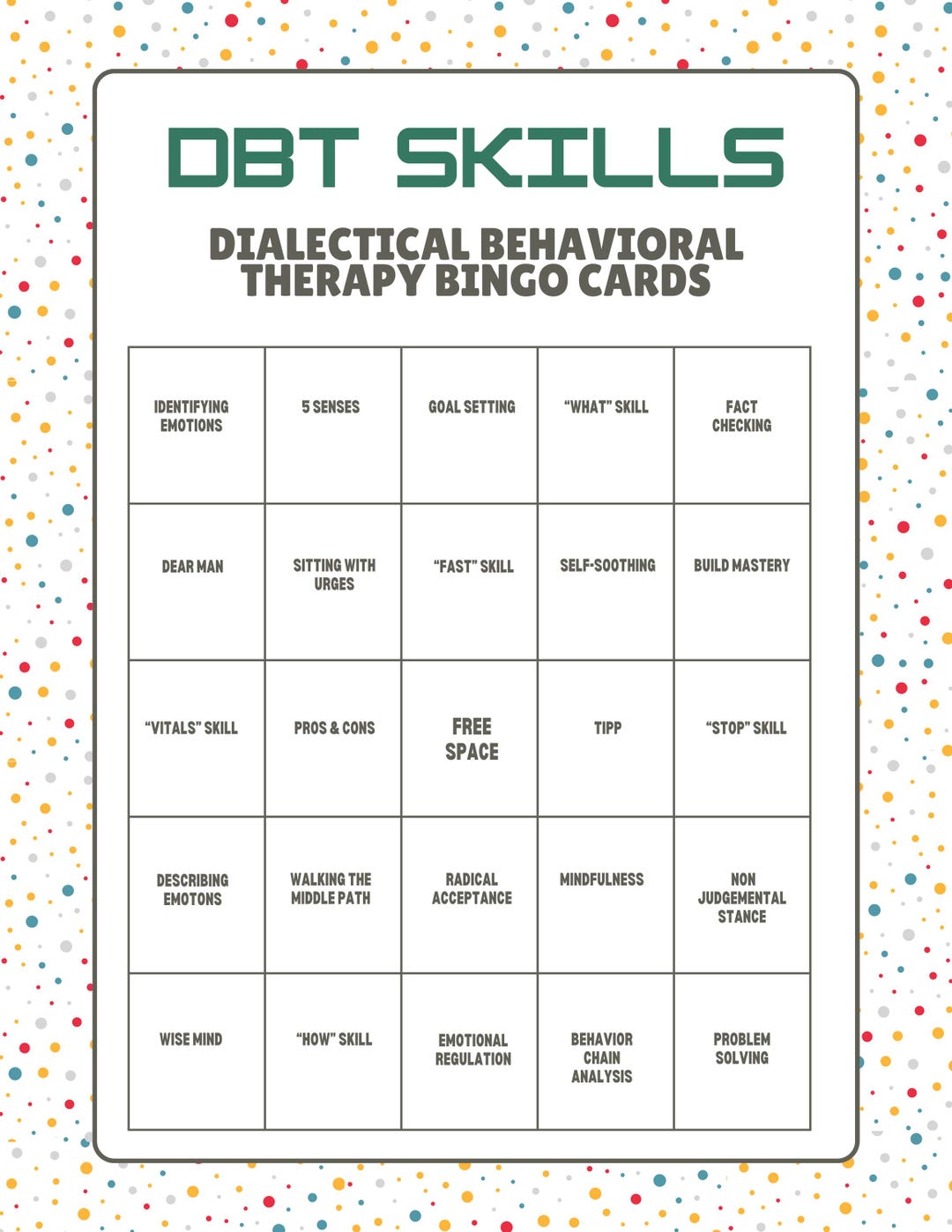 DBT Bingo Cards - DBT Cheat Sheet and Word List - Group Therapy ...