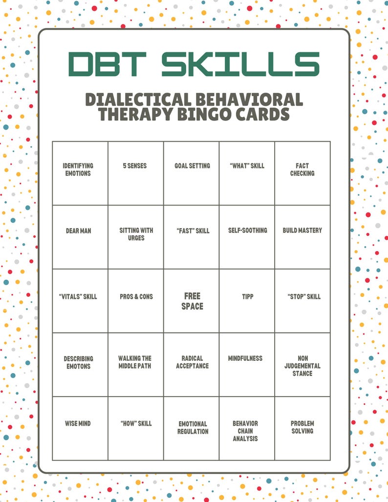 DBT Bingo Cards - DBT Cheat Sheet and Word List - Group Therapy ...