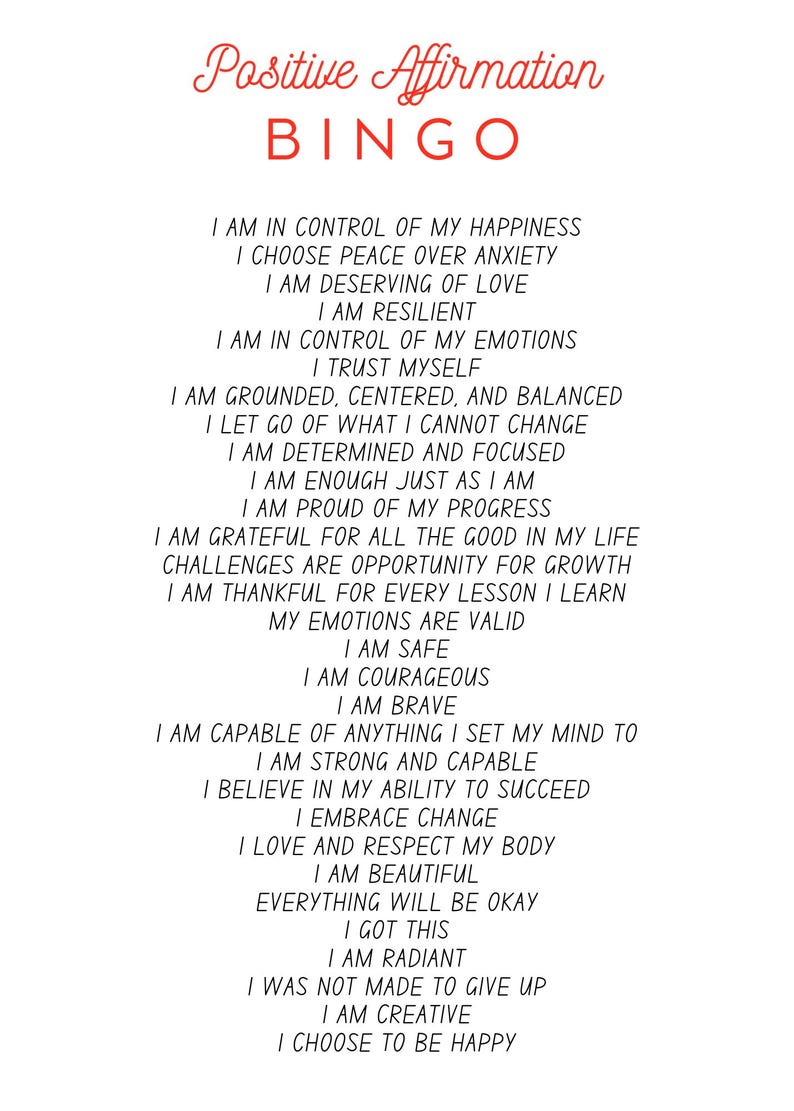 Positive Affirmation Bingo Cards - 10 Positive Affirmation, Positivity ...