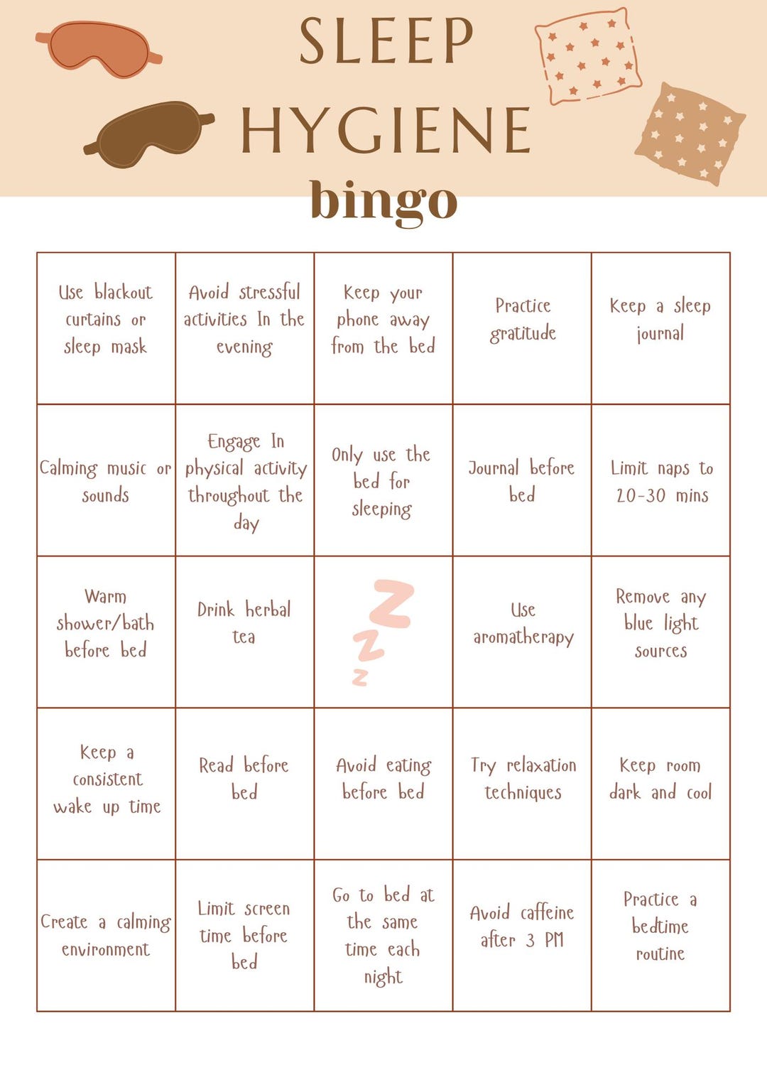Sleep Hygiene Bingo Cards - Sleep Tips Group Activity - Mental Health ...