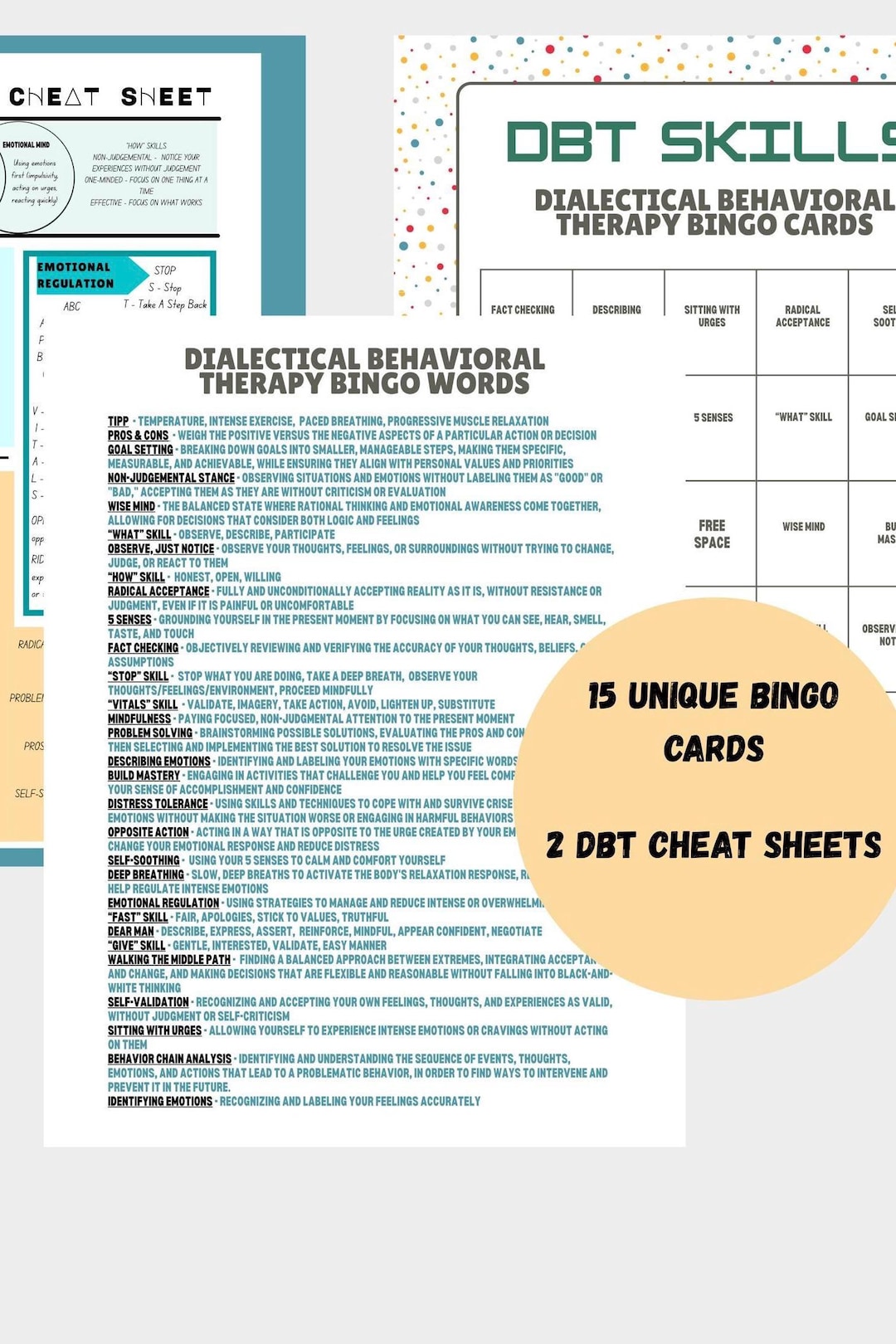 DBT Bingo Cards - DBT Cheat Sheet and Word List - Group Therapy ...