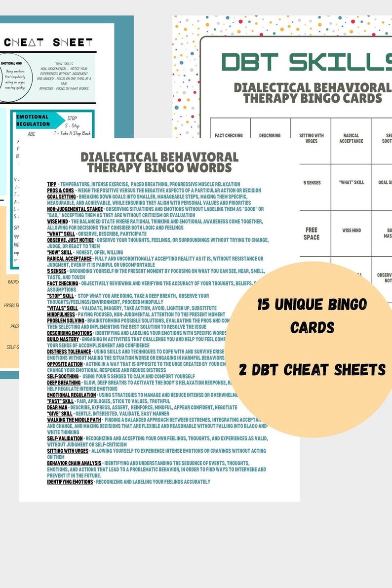 DBT Bingo Cards With Cheat Sheet – Group Therapy Activity (PDF Pattern ...