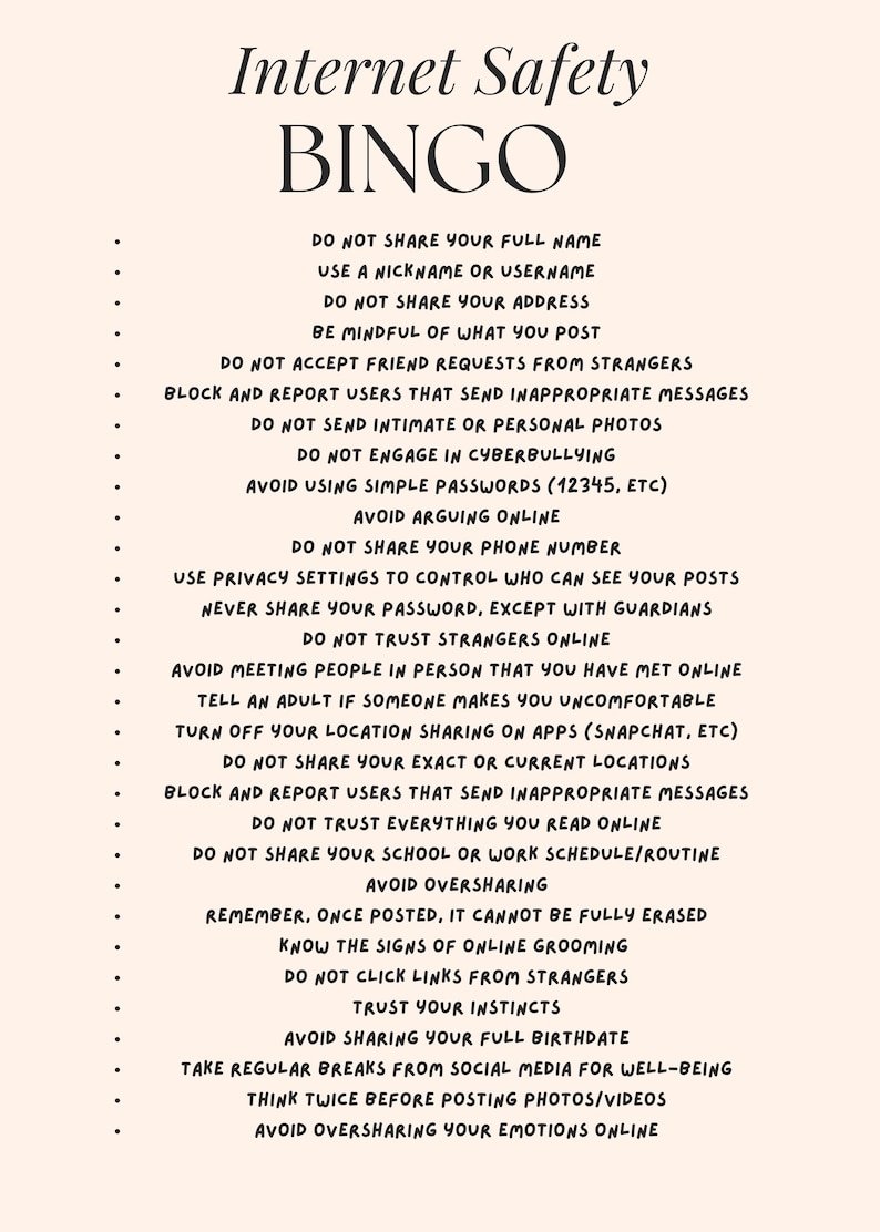 Internet Safety Bingo Cards - Adolescent and Teen Online Safety Group ...