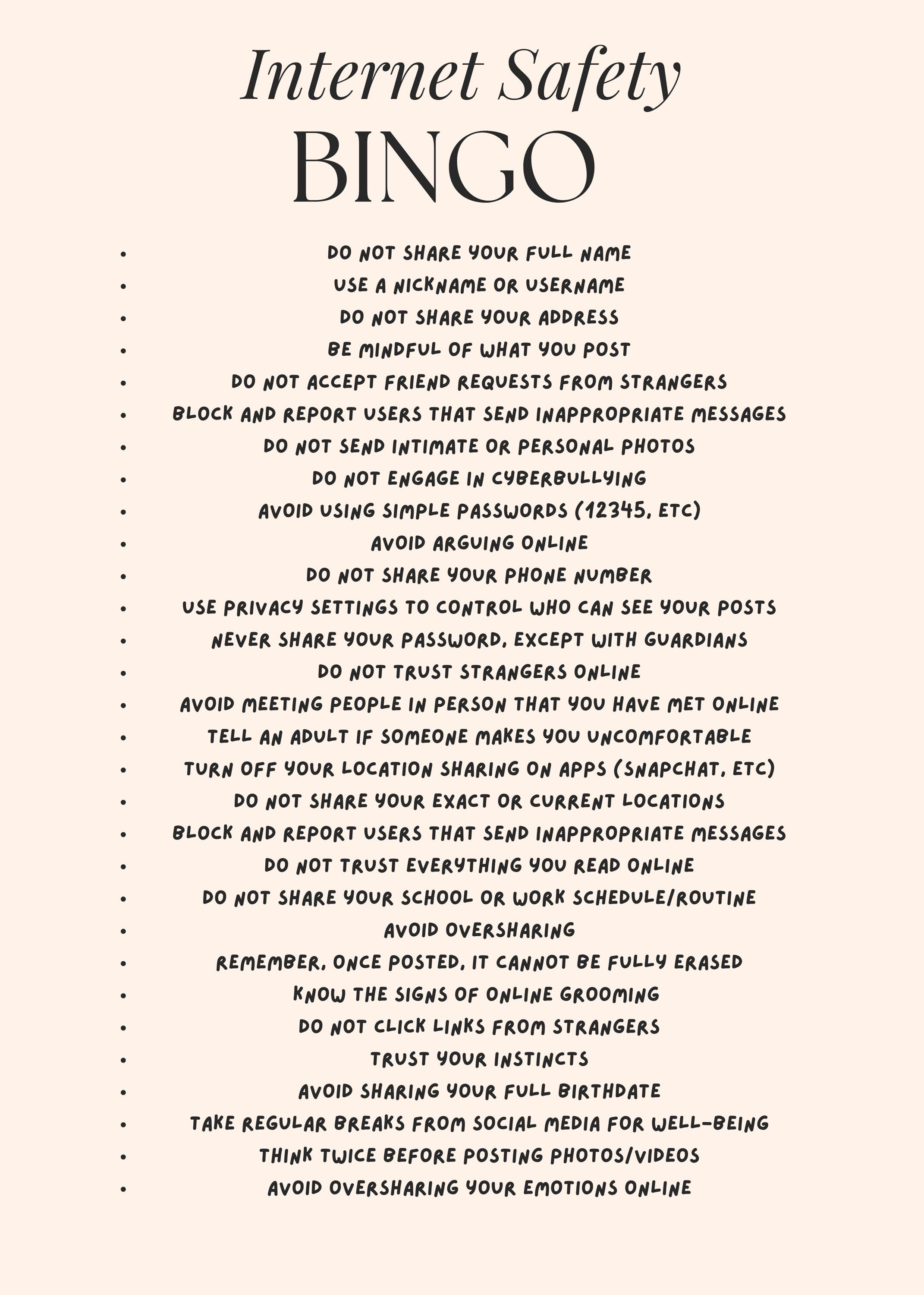 Internet Safety Bingo Cards – Teen & Adolescent Group Activity - Etsy
