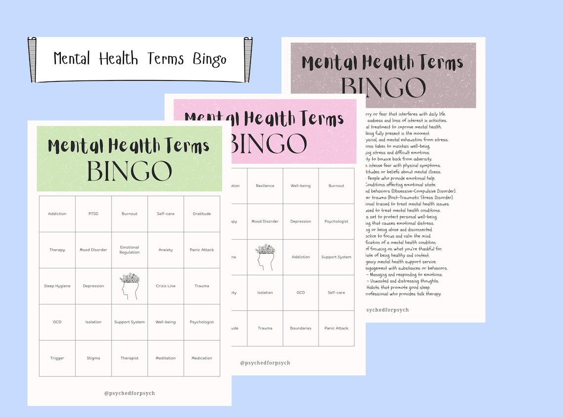 Mental Health Bingo Game – 12 Printable Vocabulary Cards (digital ...